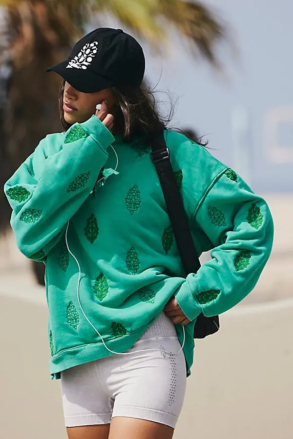 Free People All Star Embroidered Logo Pullover - Green Combo